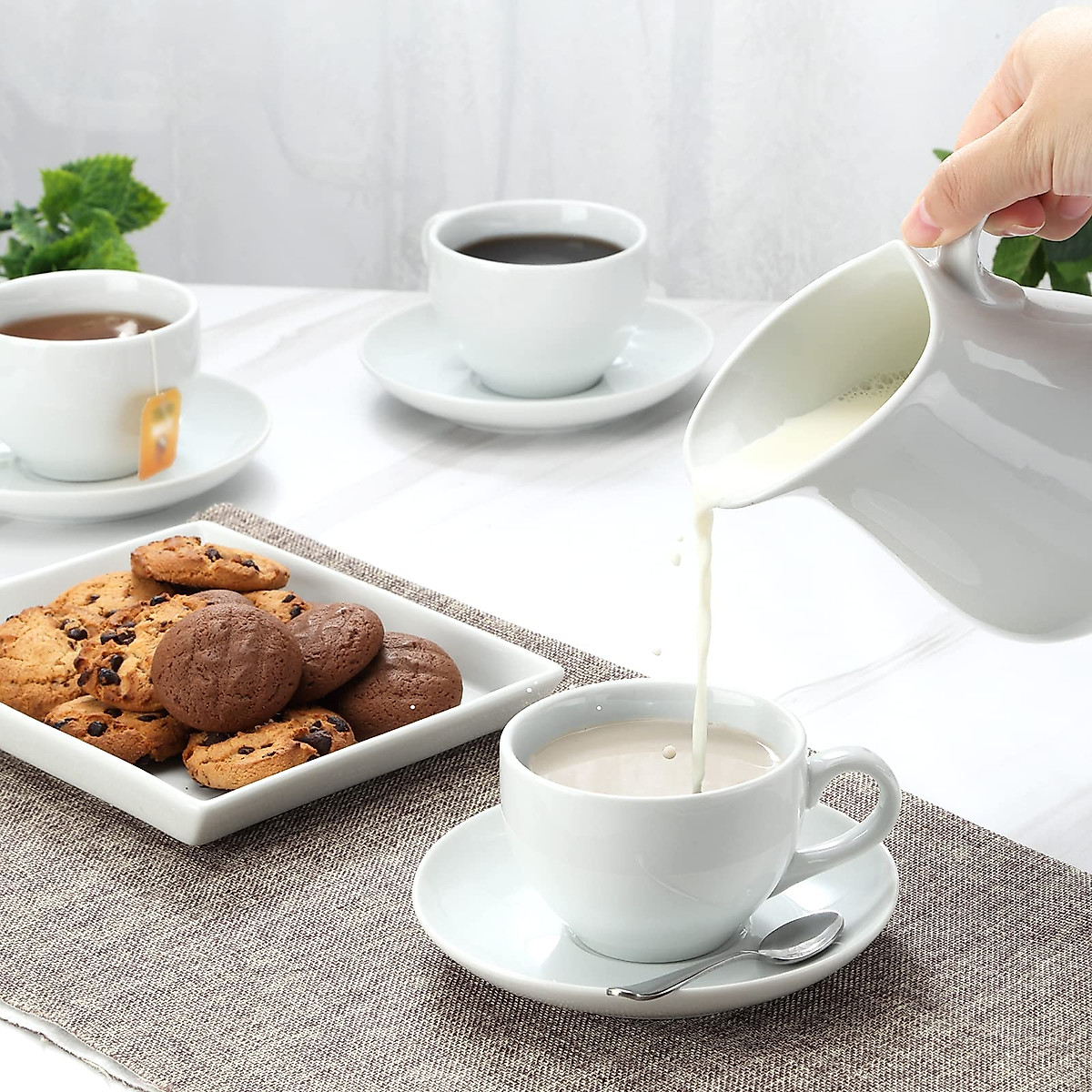 Yedio Porcelain Coffee Cups Set with Saucer, 6 Ounce White Porcelain Cup and Saucer Set for Cappuccino, Coffee Latte, Coffee drinks and Tea, Set of 6