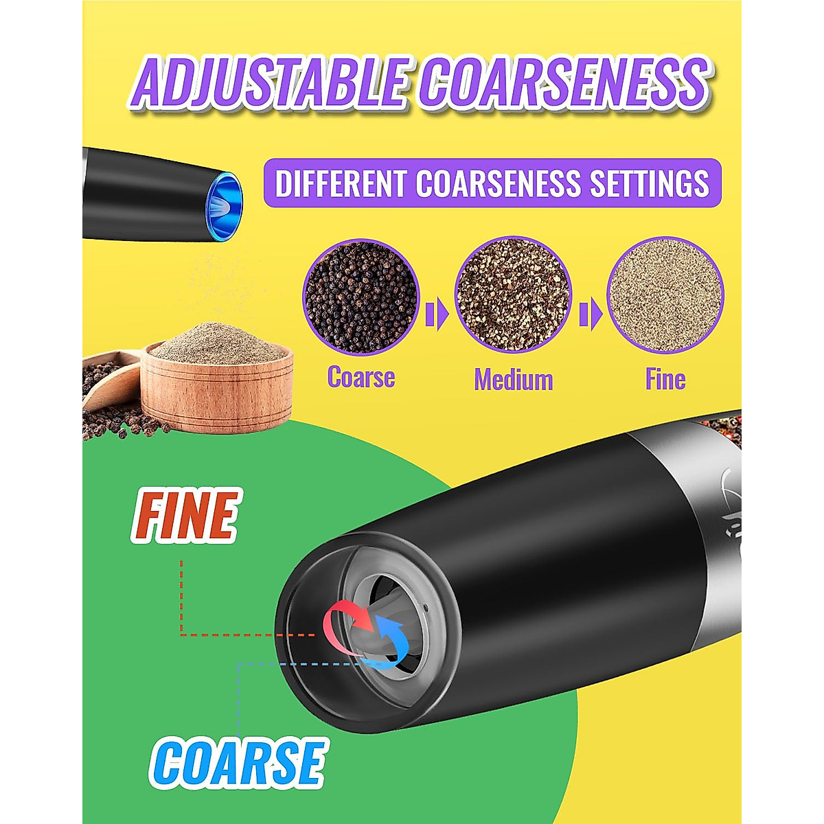 Gravity Electric Salt Ginder Pepper Grinder, Automatic Pepper and Salt Mill Grinder Battery-Operated with Adjustable Coarseness, LED Light, One Hand Operated