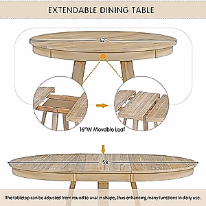 KoiHome Retro Functional Round 16" W Leaf, 4 Upholstered Family Dinner Room, 5pc Farmhouse Kitchen Chairs for 4 (Natural), 5 Piece Extendable Dining Table Set
