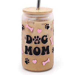 Dog Mom Gifts Beer Glass Can for Women 16oz Dog Paw Iced Coffee Cup with Bamboo Lid and Metal Straw for Dog Pets Lover Smoothie Wine Coffee Tumbler Cold Drinking Glass Birthday Gift Her Spring Summer