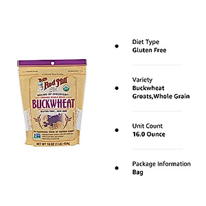 Bob’s Red Mill Organic Raw/Untoasted Buckwheat Groats, 16 Ounce Bag (Pack of 1), Gluten Free, Non-GMO, Kosher