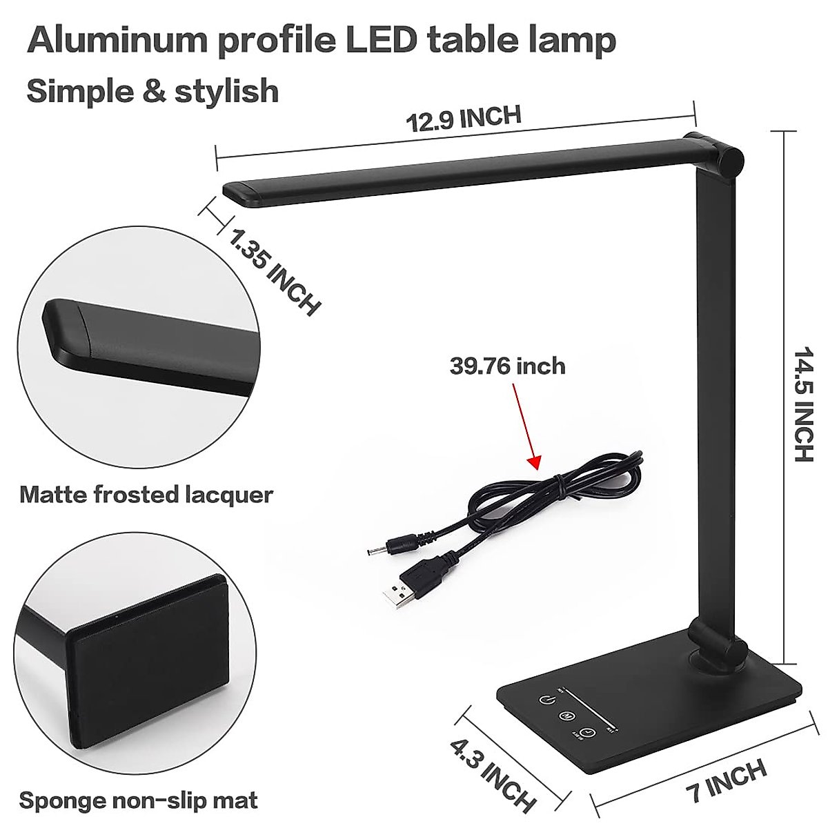 Starkitchen Desk Lamp with USB Charging Port Folding Office Lamp Touch Control 5 Kinds of Lighting Modes Can be Timed (Black)