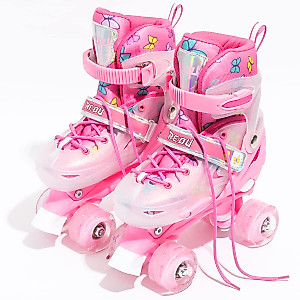 Roller Skates for Girls and Boys, Adjustable 4 Sizes for Kids Toddler Roller Skates with Light up Wheels Anti-Collision Shell(Pink, Medium(2-5))