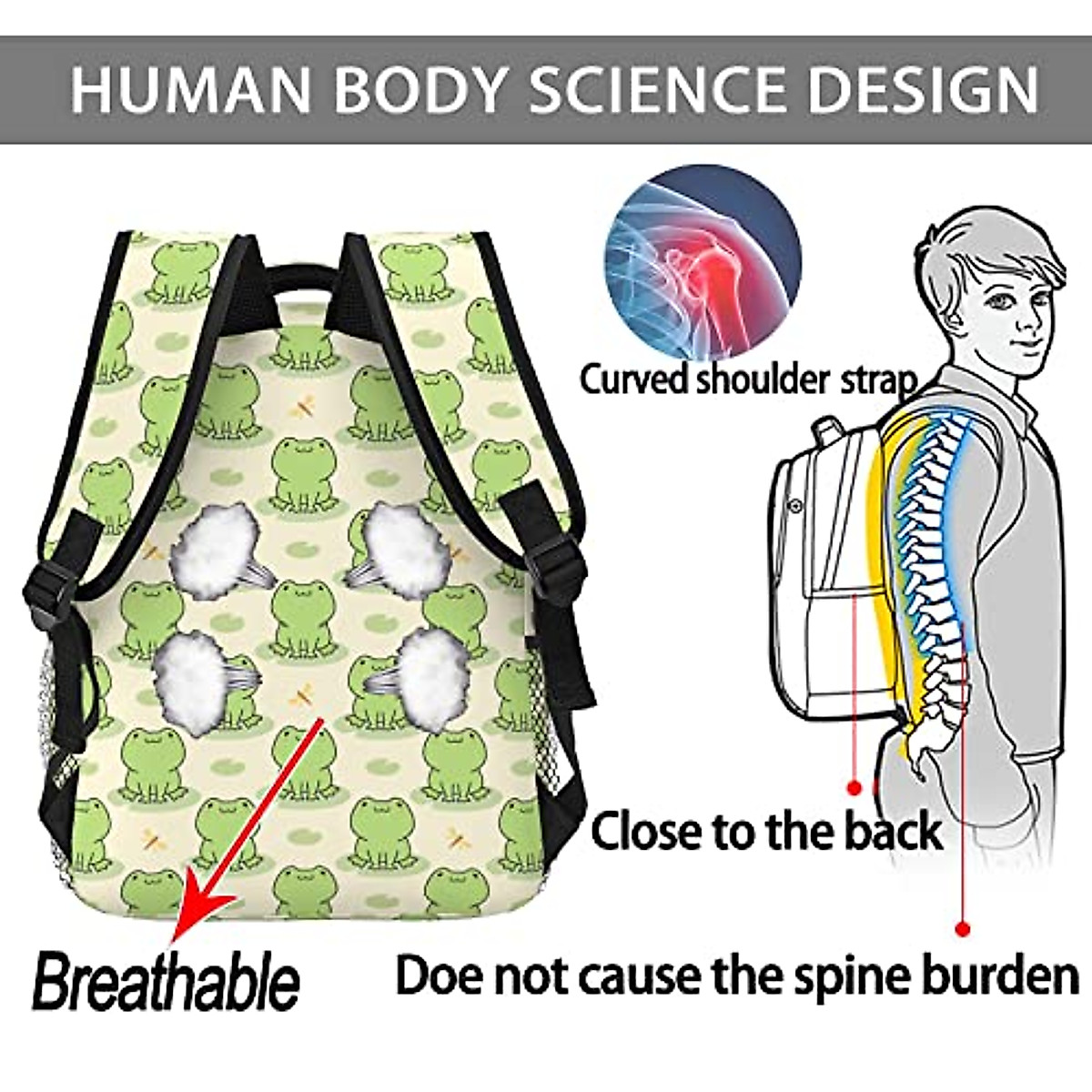 Qwalnely Frog Cute Backpack, Waterproof Frog Laptop with Durable Shoulder Straps