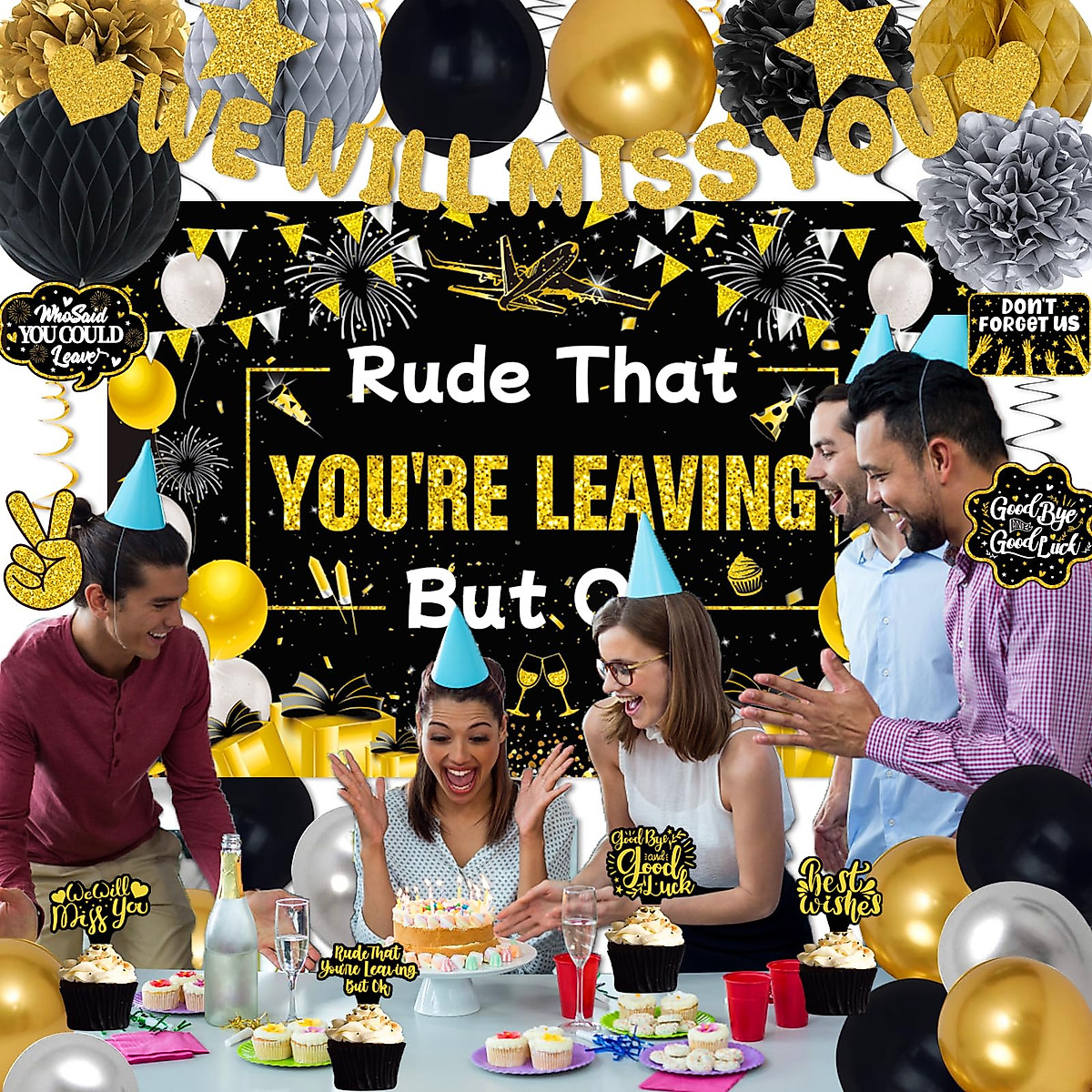 Farewell Party Decorations Men Women, Rude That You're Leaving But OK Black Gold, We Will Miss You Banner Party Decoration Coworker Going Away Retirement Party Farewell Goodbye Job Change Party Decor