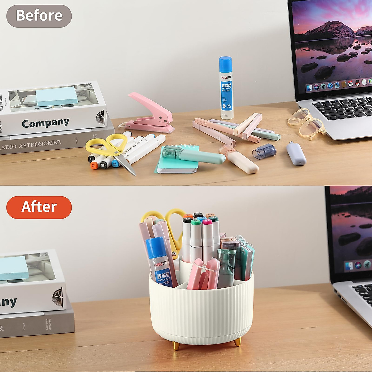 Desk Pen Holder, 5 Slot 360 Rotating Pen Organizer for Desk, Desktop Storage Stationery Supplies Organizer, Cute Pencil Cup Pot for Office, School, Home, Art Supply, Beige