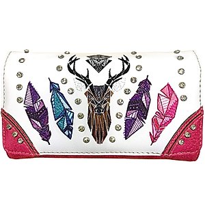 Zelris Elk Deer Tribal Feather Art Embroidered PU Vegan Leather Crossbody Wallet (Black)