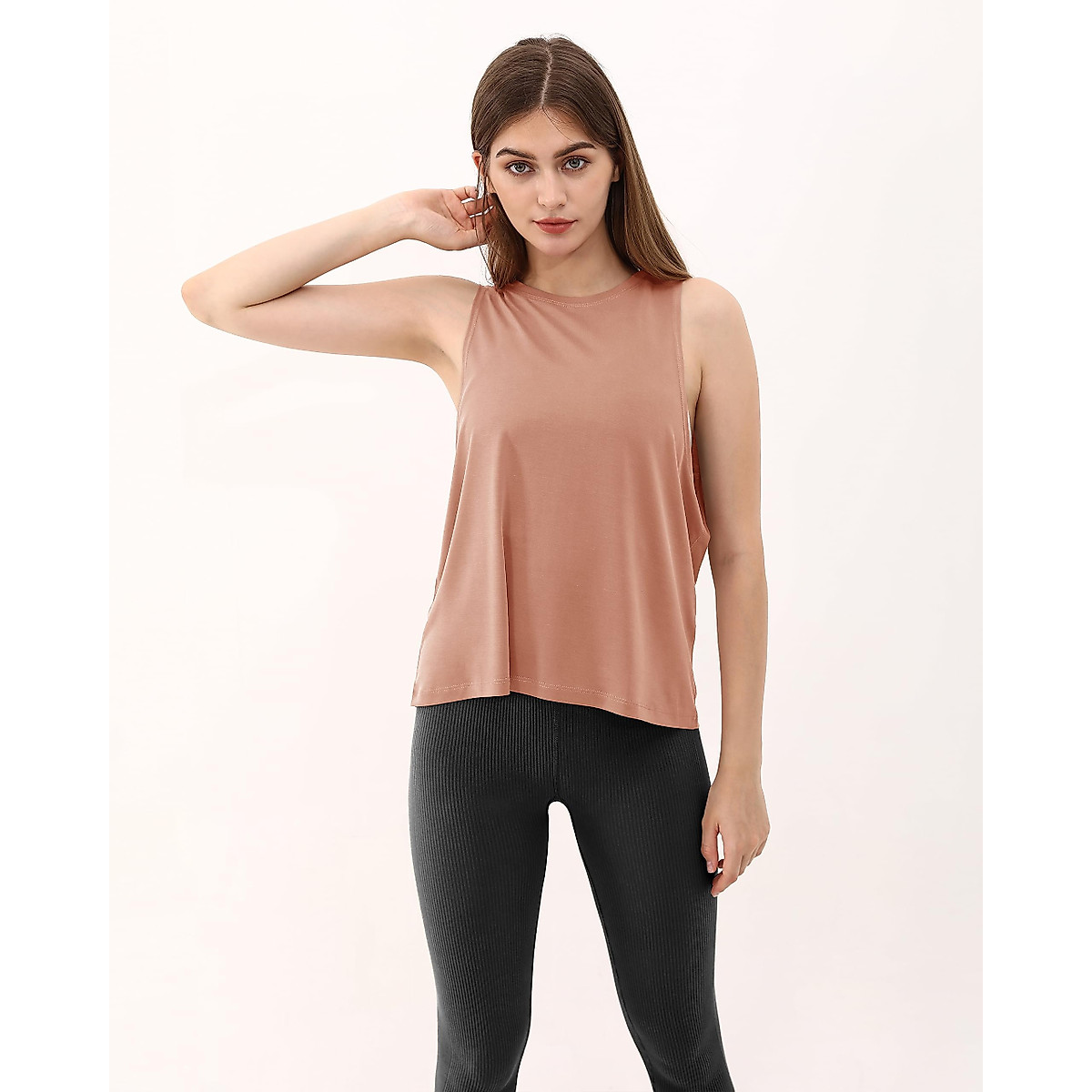 ODODOS 3-Pack Loose Tank Tops for Women Sleeveless Casual Athletic Workout Yoga Shirts, Crepe Pink, Dark Blue, Dark Grey, Medium