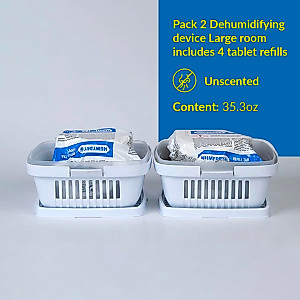 Pack of 2 Large Moisture Absorbers with 4 Refills - Ideal as Moisture Absorbers for Living Rooms, Bedrooms, Bathrooms, and Garages - Medium Size - Humydry