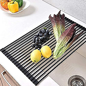 Ahyuan Large Roll up Dish Drying Rack Foldable Dish Rack Over Sink Dish Drainer Roll-up Sink Drying Rack Full Silicone Coated Stainless Still Dish Drying Rack (Matte Black)