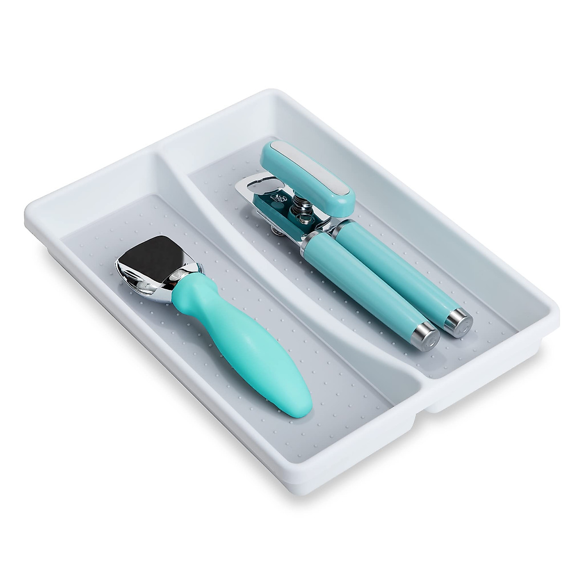 Smart Design 2-Compartment Plastic Drawer Organizer - Non-Slip Lining and Feet - BPA Free - Utensils, Flatware, Office, Personal Care, or Makeup Storage - Kitchen - White with Gray