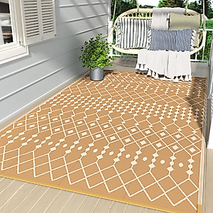 GENIMO Rug for Patio Clearance, 5'x8' Waterproof Reversible Outside Carpet for Outdoor Decor, Area Boho Plastic Straw Mat for RV, Deck, Camping, Camper,Brown & Beige