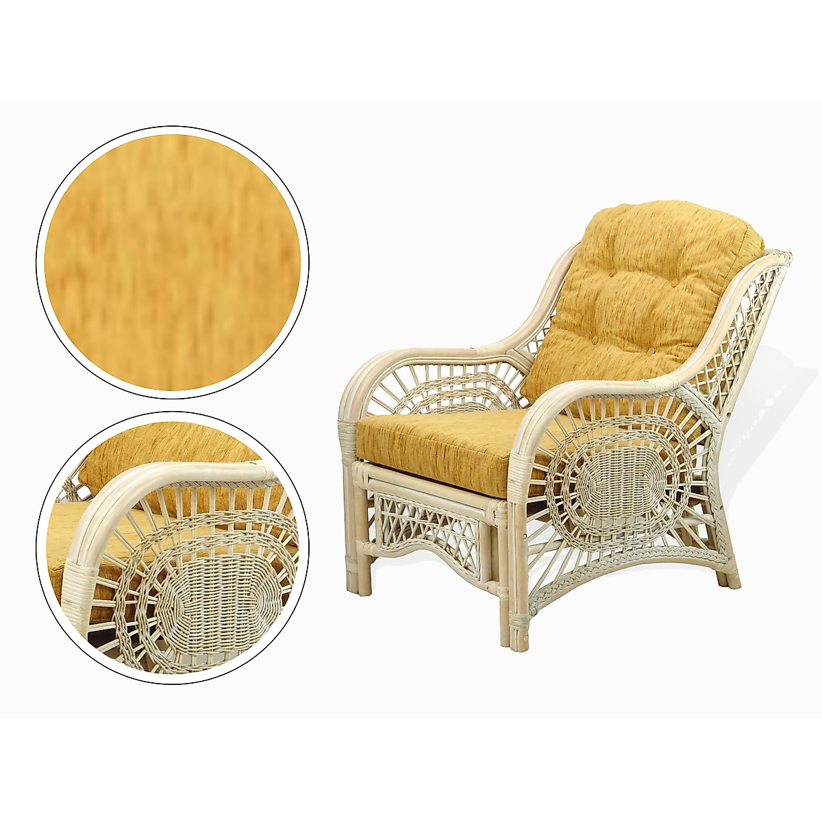 Malibu Lounge Set of 4: 2 Natural Rattan Wicker Chairs, Loveseat with Light Brown Cushions and Coffee Table w/Glass Handmade, White Wash