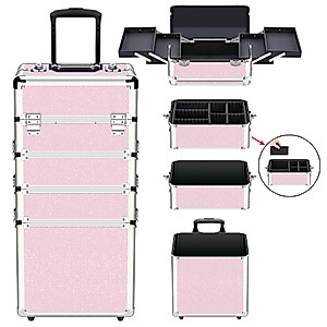 OUDMAY Makeup Case - 4 in 1 Professional Cosmetics Rolling Train Organizer with Aluminum Frame and Folding Trays Pink Diamonds