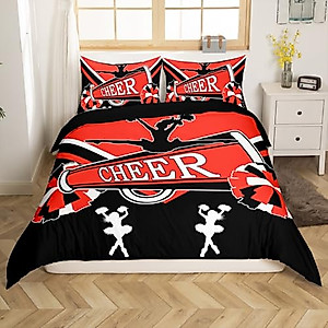 Erosebridal Cute Cheerleader Bedding Full Size Black and Red Duvet Cover, Cheerleading Comforter Cover Dancer Theme Bed Set, Cheerleading Dance Quilt Cover for Girls Bedroom Decor