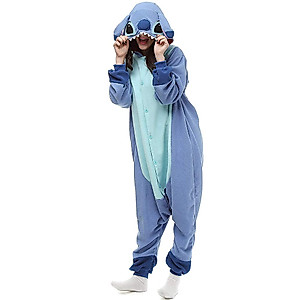 EONDEAR Adults Onesie Halloween Costumes Animals Sleeping Kigurumi Pajamas, Blue Stitch, Medium