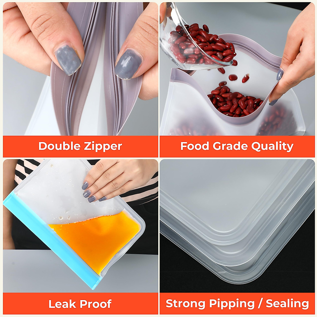 10 Pack Dishwasher Safe Reusable Silicone Food Storage Bags Leak Proof Ziplock Freezer Bags for Food Storage Home Organization Travel Makeup BPA Free for Fruit 3 Gallon 4 Sandwich 3 Snack
