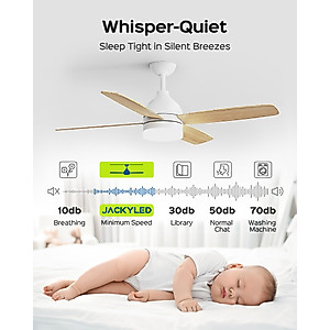 JACKYLED 52 Inch Ceiling Fan with Light Remote Control, 6 Fan Speeds & 3-Color Dimmable Light, Quiet Reversible DC Motor, LED Ceiling Fan Light for Bedroom, Living Room, White/Lightwood Blades