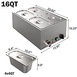 Valgus Commercial Stainless Steel 4 Sections Bain Marie Food Warmer 16 Qt Buffet Server with Lid and Tap for Home, Catering, Restaurants