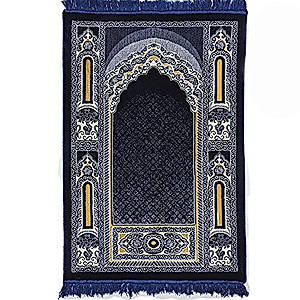 Modefa Islamic Prayer Rug - Double Plush Large & Wide Velvet Carpet - Traditional Muslim Janamaz Sajada - Thick Turkish Prayer Mat for Men & Women- Ramadan or Eid Gift - Floral Mihrab (Navy Blue)