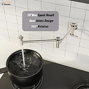 Double Handles Folding Pot Filler Kitchen Faucet with 360 Degrees Swing Arm Single Hole Brass Wall Mount Pot Filler Facuet Dual Joints Brushed Nickel