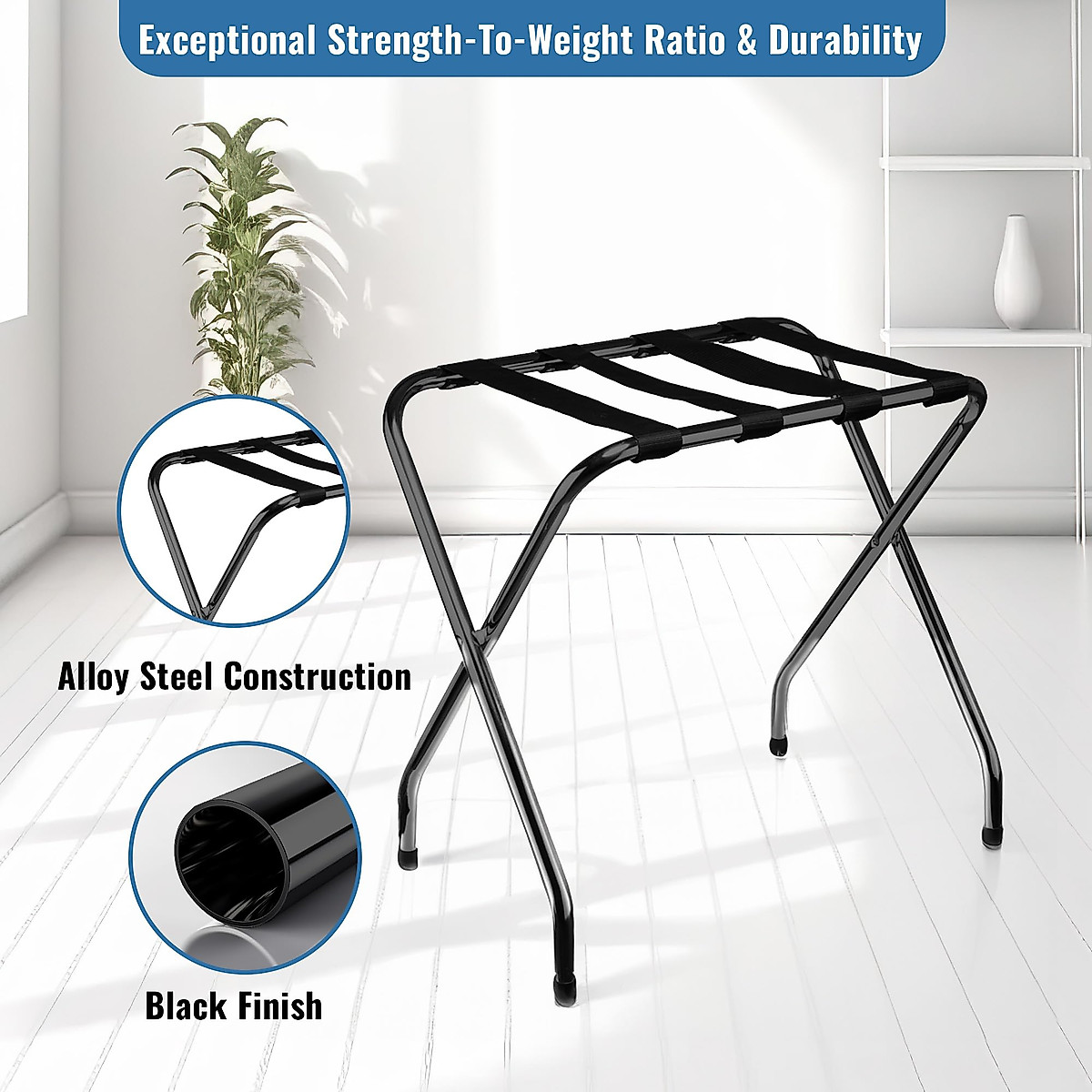 USTECH Luggage Rack-Single Tier, Black, Fully Asssembled, Folable Rack for Guest Room (Pack of 2)