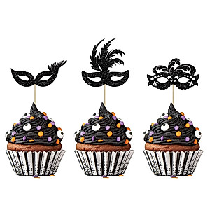 Gyufise 24Pcs Masquerade Masks Cupcake Toppers Glitter Bachelorette Party Mask Cupcake Food Fruit Picks Masquerade Mardi Gras Party Baby Shower Birthday Party Cake Decorations Black