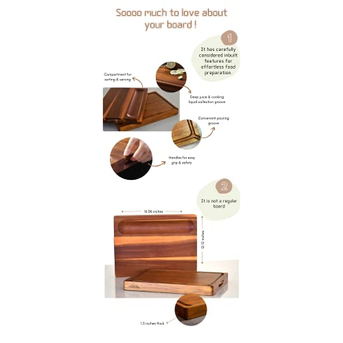 Viavel Large Acacia Wooden Cutting Board - Thick, Multipurpose & Reversible Wood Charcuterie Board for Chopping or Serving - 16 x 12 x 1.5 Inch - Deep Juice Grooves, Beautiful Gift !