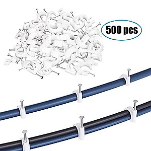 Attmu 500 Pack Cable Clips White Cable Wire Clips ​Management with Steel Nails 4mm 6mm 8mm 10mm 12mm Ethernet Cable Nails Round Cable Wire Tacks for Cat6 Rg6, Rg59, Rj45 Cable, White