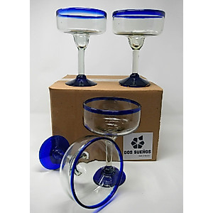 Dos Sueños Mexican Hand Blown Glass - Set of 4 Hand Blown Margarita Glasses - Cobalt Blue Rim (16 oz)