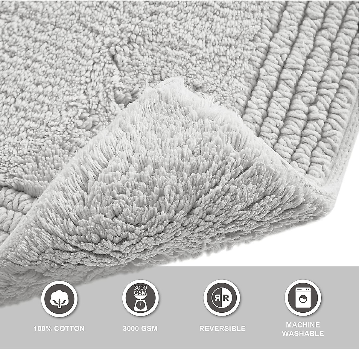 Madison Park Signature Splendor Reversible 100% Cotton Tufted Bathroom Rug-3000 GSM Hotel Quality Luxurious Plush High Pile Bath Mat Absorbent, Quick Dry, Shower Room Décor, 24x72, Grey