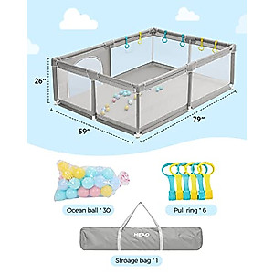 HEAO 79X59 Baby Playpen XL Baby Playard with 30PCS Pits Balls Playpen Toddler Sturdy Play Yard for Toddler Light Grey