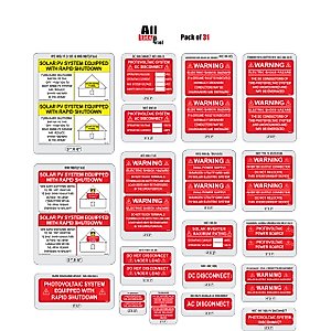 Solar Label Pack- 31 Premium Solar PV Safety Warning Photovoltaic System Labels