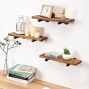 canwedance Rustic Wood Floating Shelves with Industrial Pipe Brackets Set of 3,3 Tier Wall Mounted Shelving Storage for Bathroom Bedroom Living Room Kitchen Office Home Decor 16.1" x 5.5" (Brown)