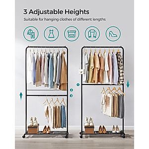 SONGMICS Clothes Rack with Wheels, 35.8 Inch Double-Rod Garment Rack, Clothing Rack for Hanging Clothes, with Dense Mesh Storage Shelf, 44 lb Load Capacity, 2 Brakes, Steel Frame, Black UHSR027B01
