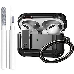 Airpods Pro Case Cover Men Lock with Cleaning Kit, GARTOO Protective Cover with Cleaning Pen Compatible with Airpod Pro Case, Shockproof Rugged Shell for Air Pods Pro 2019 Charging Case (Black)