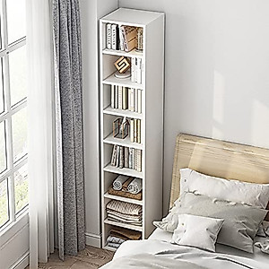 IOTXY Small Narrow Corner Bookcase - 71 Inches Tall Gap Freestanding Storage Cabinet, 8 Lattices Open Shelves Tower Rack, Cubes Bookshelf in Oak