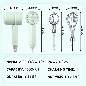 NAYAHOSE Hand Mixer Electric Garlic Chopper Egg Beater, Cordless Handheld Food Processor with 300ML Glass Container, 3 Speed Adjustable, USB Rechargeable Electric Whisk for Cooking Baking