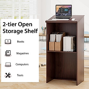 Tangkula Floor Standing Podium, Wooden Speaking Lectern Hostess Stand with 2-Tier Shelves & Dual Cable Holes, Standing Lectern Desk for Meeting Room, School, Churches, Auditorium, Classroom