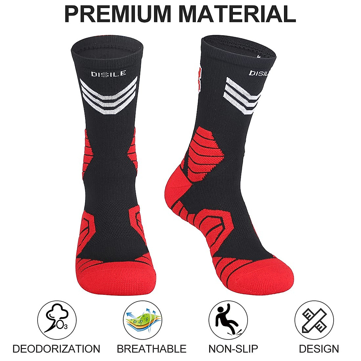 Disile Elite Basketball Socks, 3 Pack Cushioned Sports Socks Crew Socks for Men & Women