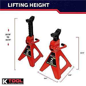 K Tool International 61201 2 Ton Automotive Jack Stands for Garages, Repair Shops, and DIY, Lightweight, 4,000 lbs. Capacity, Heavy Duty Steel Frame, Adjustable Height 10.75"-16.73", Red/Black, Pair