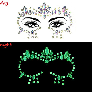 Luminous Face Gems Tattoo Stickers Body Jewelry Glow in the Dark Fluorescent Face Rhinestone Tattoo Noctilucent Temporary Tattoo Sparkly DIY Jewel Paste for Halloween Christmas Festival Makeup(4 Sets)