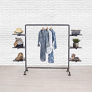 Industrial Pipe Clothing Rack with Wood Side Shelves by William Robert's Vintage