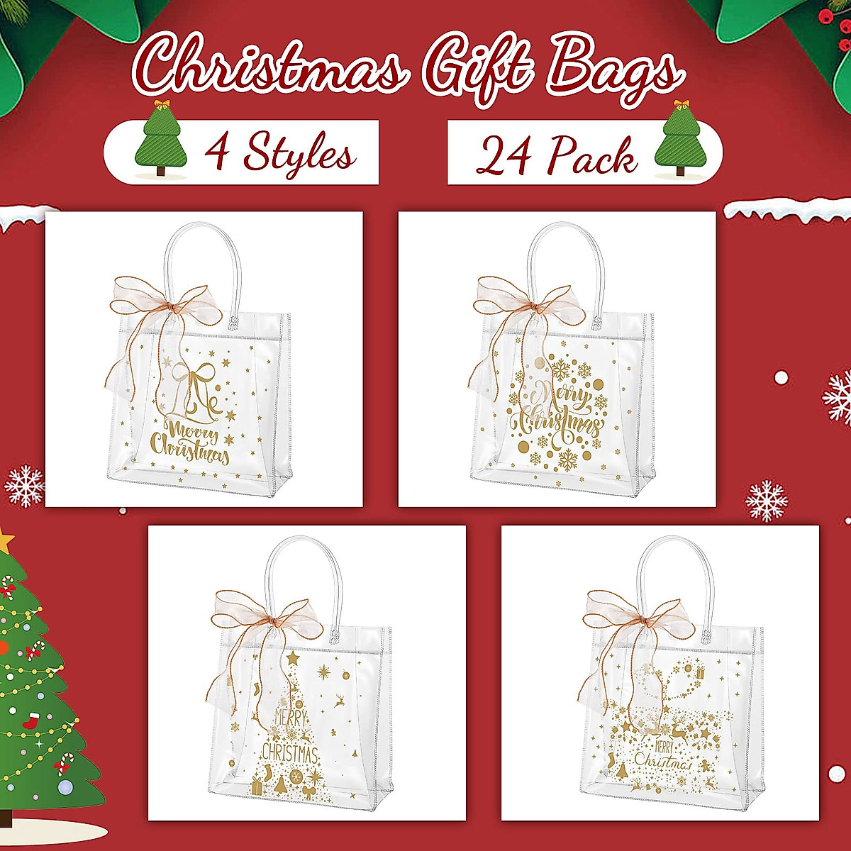24 Pcs Christmas Clear Gift Bags with Bow Ribbon PVC Party Favor Bags with Handles 7.8 x 7.8 x 3.1" Plastic Gift Wrap Tote Bags for Retail Christmas Wedding Birthday Baby Shower Party Favors