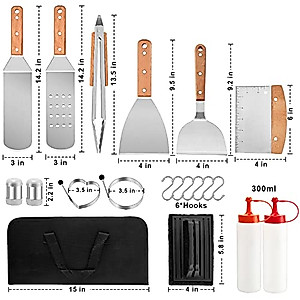 Joyfair Griddle Accessories Set for Camp Teppanyaki, 20 PCS Stainless Steel Griddle Grilling Tools Metal Spatulas, Scrapers, Tong, Egg Ring, Brush, Black Carry Bag for Indoor & Outdoor Use