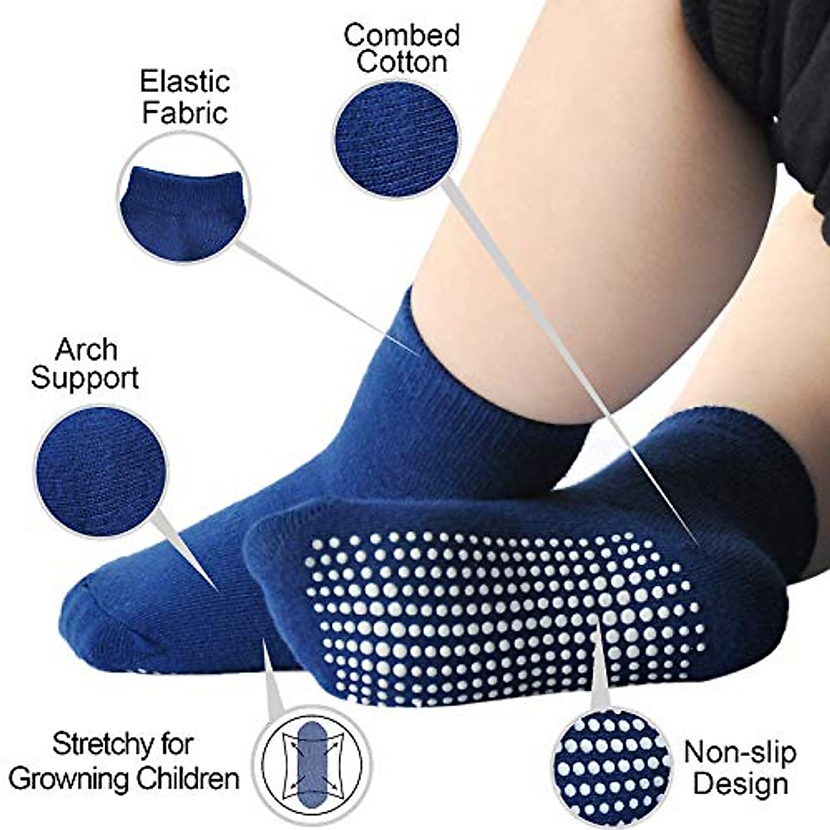 EPEIUS Baby Anti Slip Crew Socks 12 Pack with Grips for Toddlers Little Boys Girls Infants Kids Non Skid Value Pack,12-36 Months Black/White/Grey/Blue