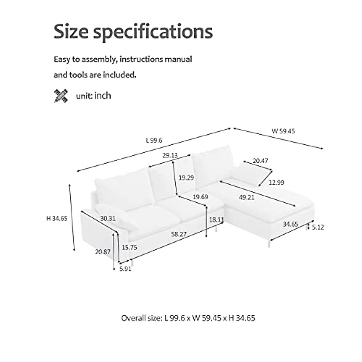 100'' Linen L-Shaped Right-Hand Facing Sectional Sofa with Metal Legs and 2 Pillows(Beige)
