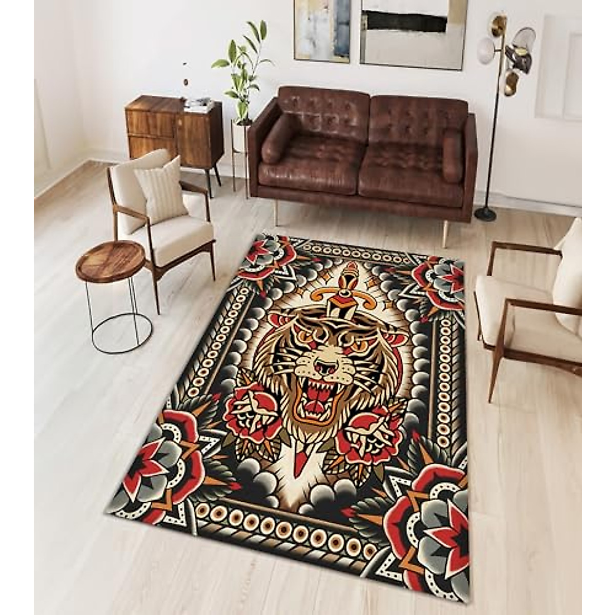 wisemandesign Tattoo Design Rug, Tiger Themed Rug, Traditional Tattoo Rug, Custom Rug, Popular Rug, Cheap Rug, Living Room, Personalized Gift,Gift for (62X82inch//160x210Cm)