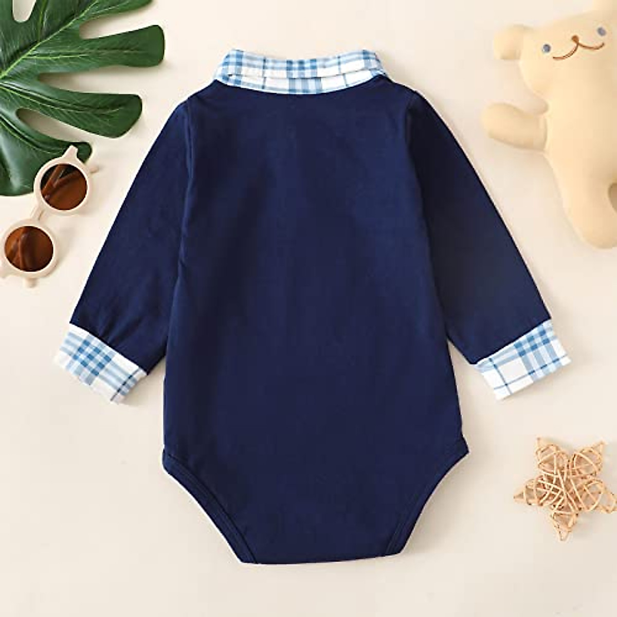 GRNSHTS Baby Boy First Birthday Clothes Plaid Stand Collar Long Sleeve Romper Jumpsuit Cake Smash Outfit (Navy Blue 4, 15 Months)