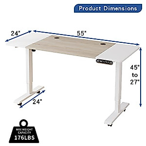 Suhapup Electric Height Adjustable Standing Desk, 55 x 24 inches Sit - Stand Desk for Work or Home Office Push Button Memory Settings Oak+White Splice Board/White Frame
